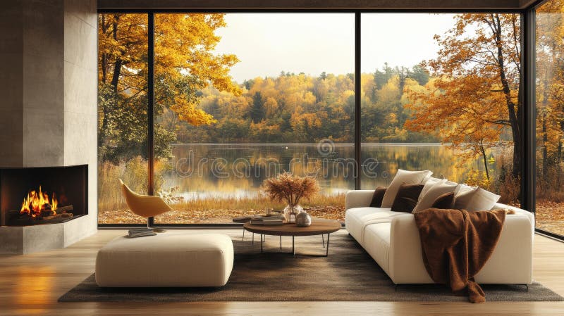 A Living Room with a Fireplace and Large Windows Overlooking the Lake ...
