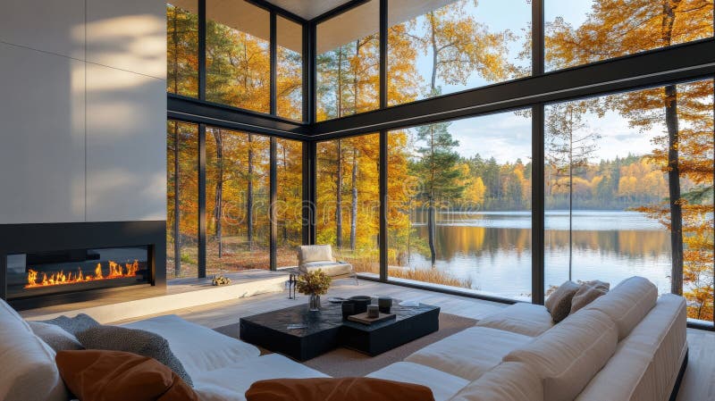 Living Room Fireplace Large Windows Overlooking Lake Ai Stock Photos ...