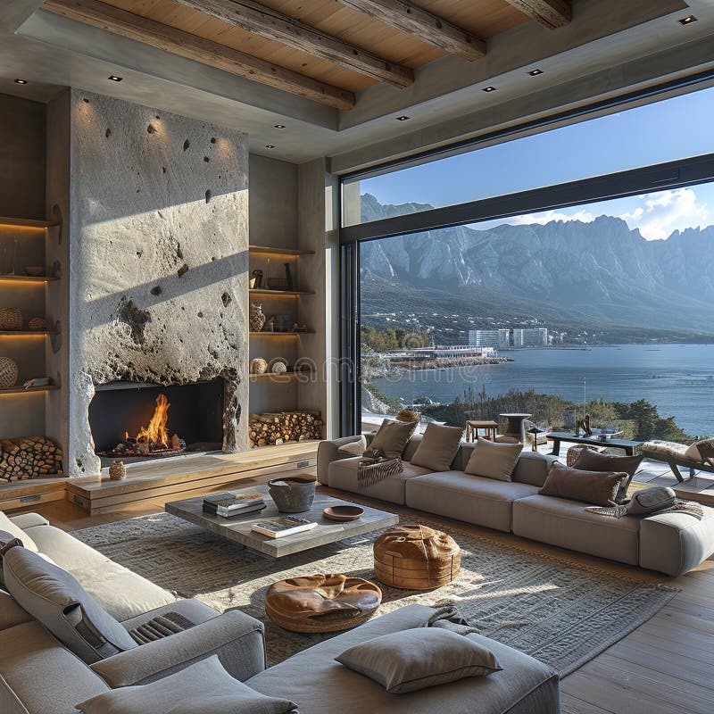 Living Room with Fireplace and Mountains Views, in the Style of High ...