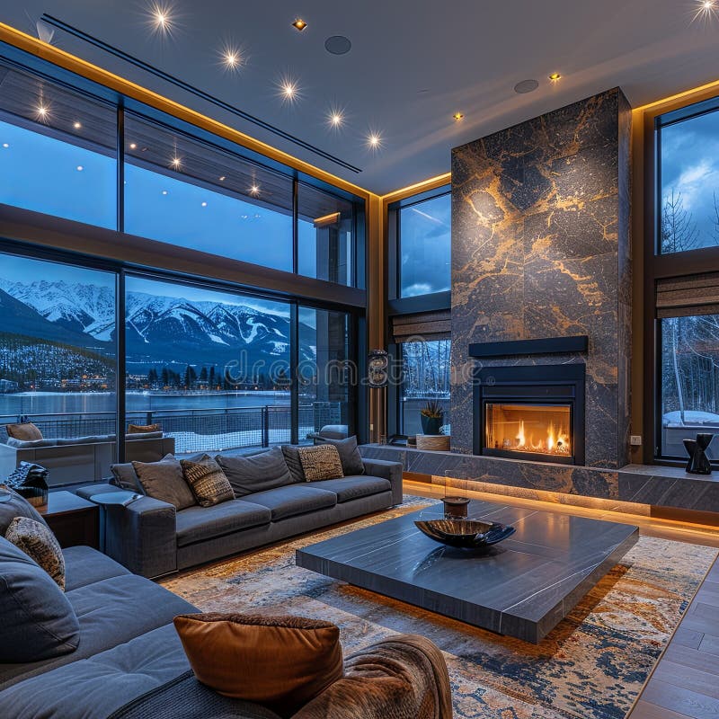 Living Room with Fireplace and Mountains Views, in the Style of High ...