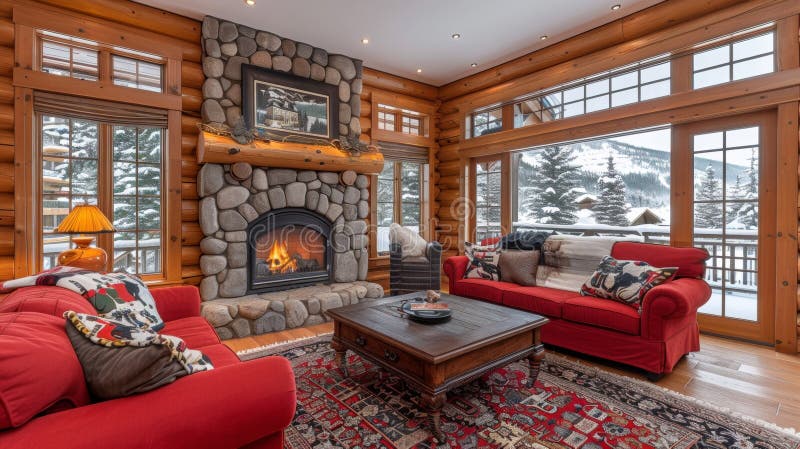 A Living Room with a Fireplace and Red Couches in Front of it, AI Stock ...