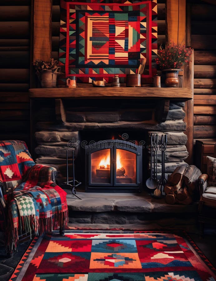 Living Room with Fireplace and Rug Stock Image - Image of fire ...