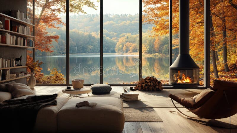 A Living Room with a Fireplace and Windows Overlooking the Lake, AI ...
