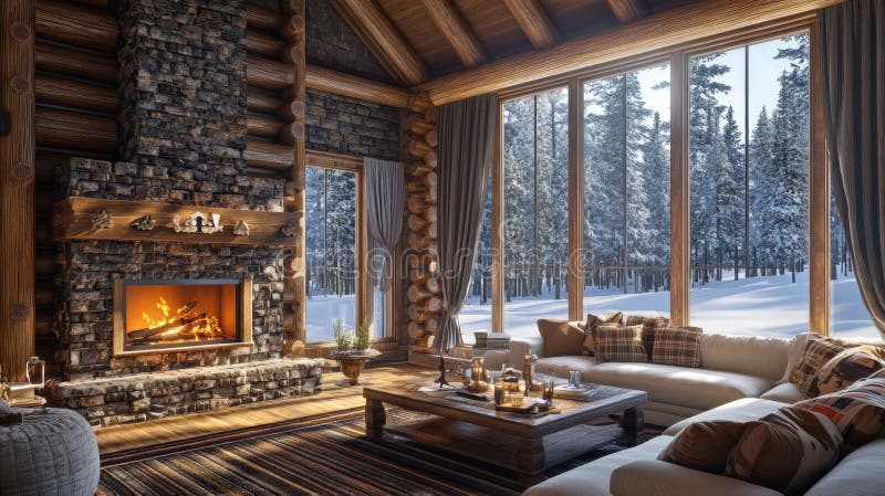 A Living Room with a Fireplace and Windows Overlooking the Snow, AI ...