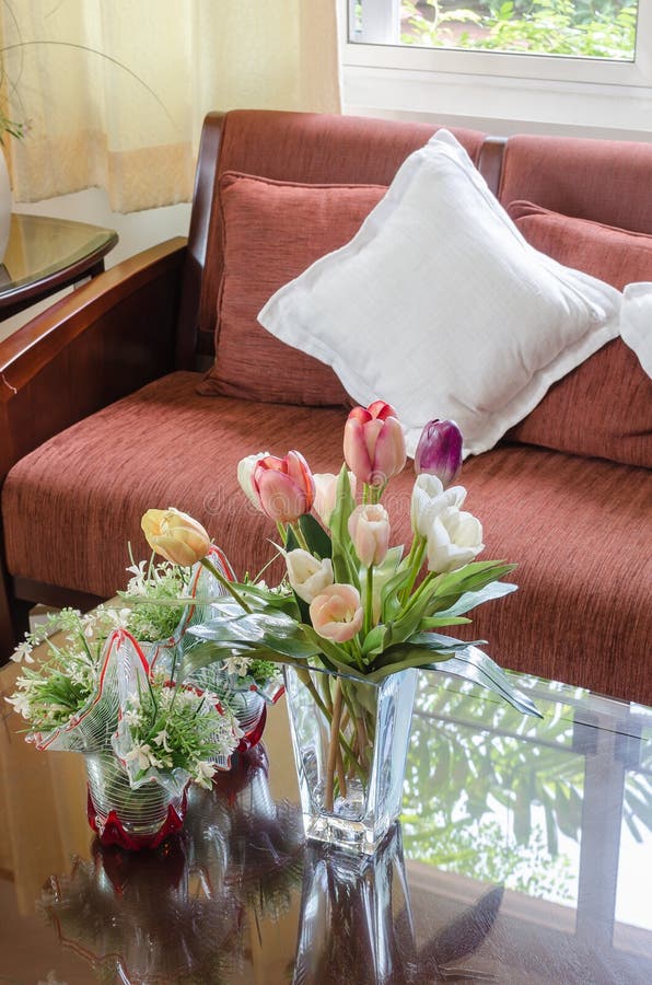 Flower in Glass Vase on Table in Living Room Stock Photo - Image of ...