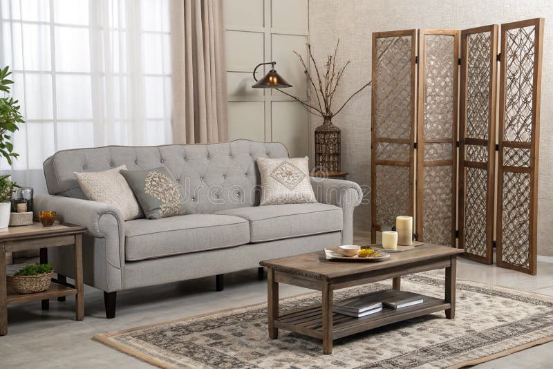 Living Room with Folding Screen and Coffee Table Stock Illustration ...