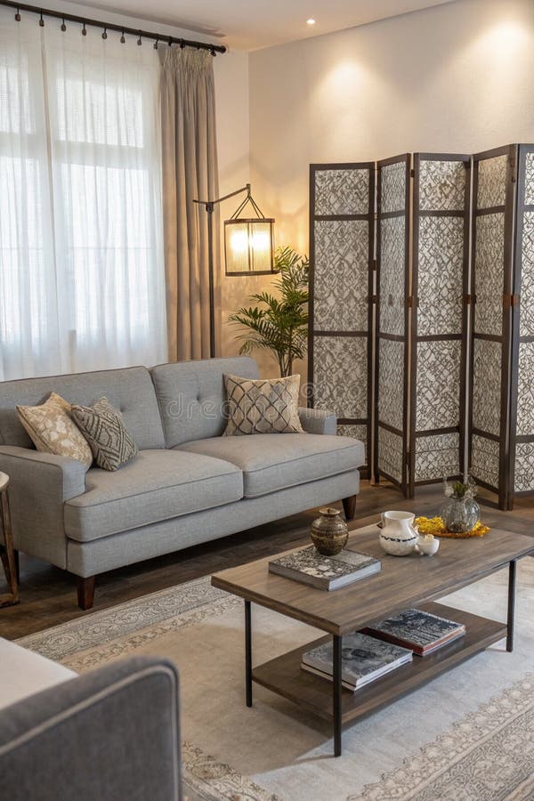 Living Room with Folding Screen and Coffee Table Stock Photo - Image of ...