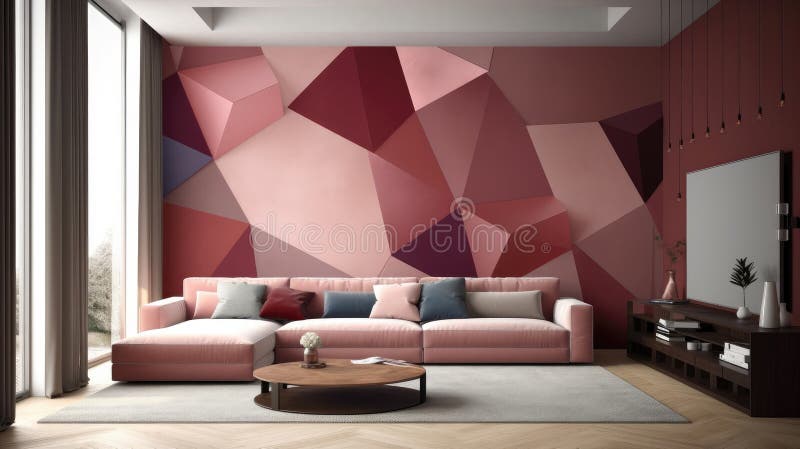 Living Room with Full Wall Flat Geometric Plum. Generative AI Stock ...