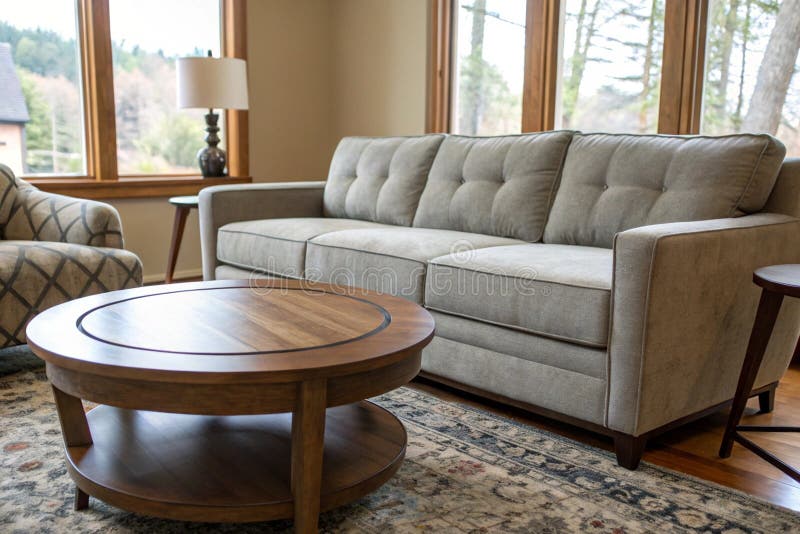 Living Room with Gray Sofa and Round Coffee Table Stock Photo - Image ...