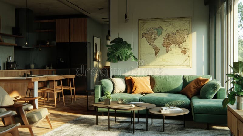 A Living Room with a Green Couch and a Map on the Wall Stock ...