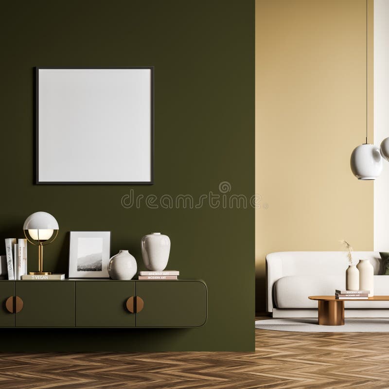 Living Room with Green Wall Partition and Empty Frame Stock ...
