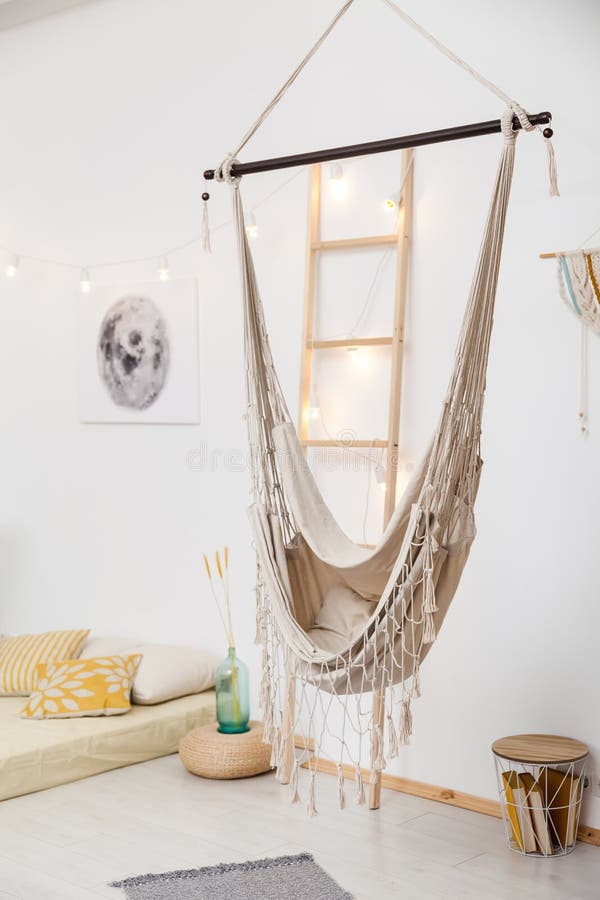 Living Room with Hammock and White Walls Stock Photo - Image of ...