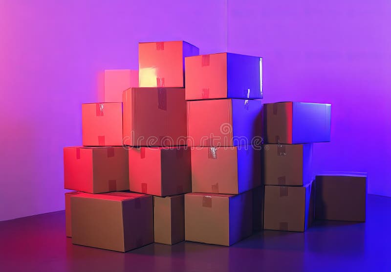 Living Room Has a Pile of Cardboard Boxes Stacked on Top of Each Other ...