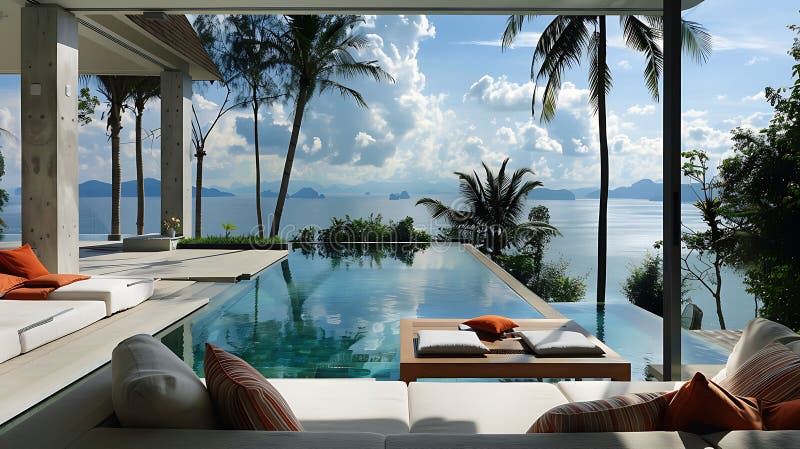 Living Room with Infinity Pool View Stock Illustration - Illustration ...