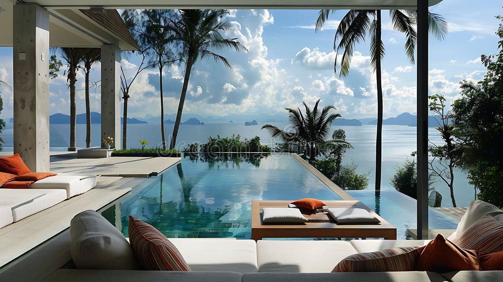 Living Room with Infinity Pool View Stock Illustration - Illustration ...