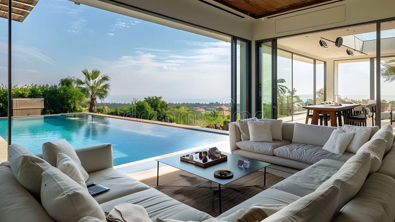 Living Room with Infinity Pool View Stock Illustration - Illustration ...