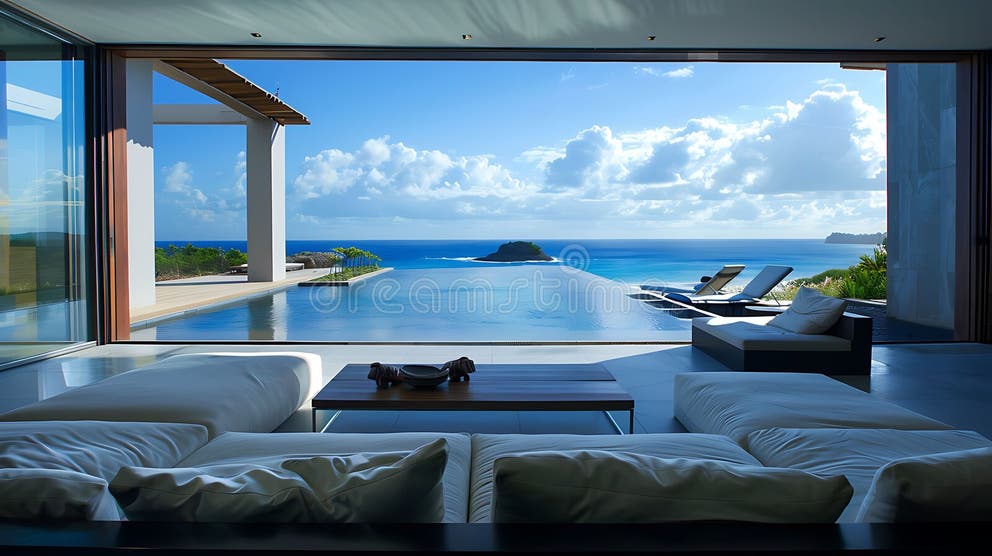 Living Room with Infinity Pool View Stock Illustration - Illustration ...