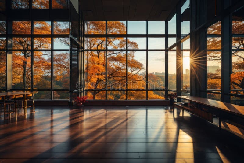 Living Room Inside a Forest Apartment, Big Glass Windows Stock ...