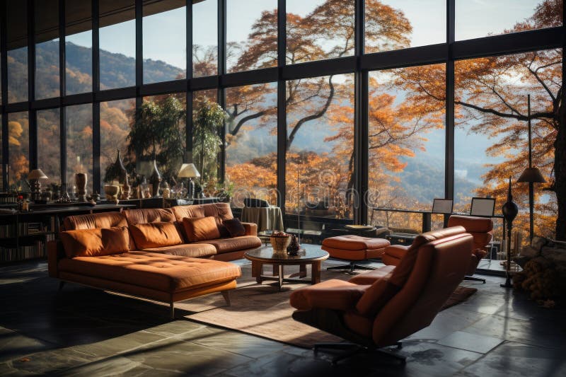 Living Room Inside a Forest Apartment, Big Glass Windows Stock ...
