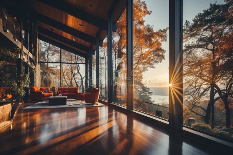 Living Room Inside a Forest Apartment, Big Glass Windows Stock ...