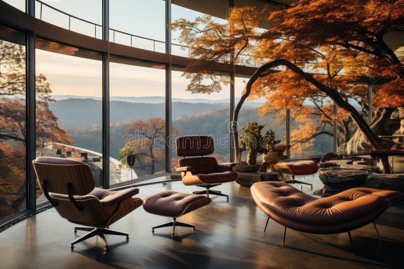 Living Room Inside a Forest Apartment, Big Glass Windows Stock ...