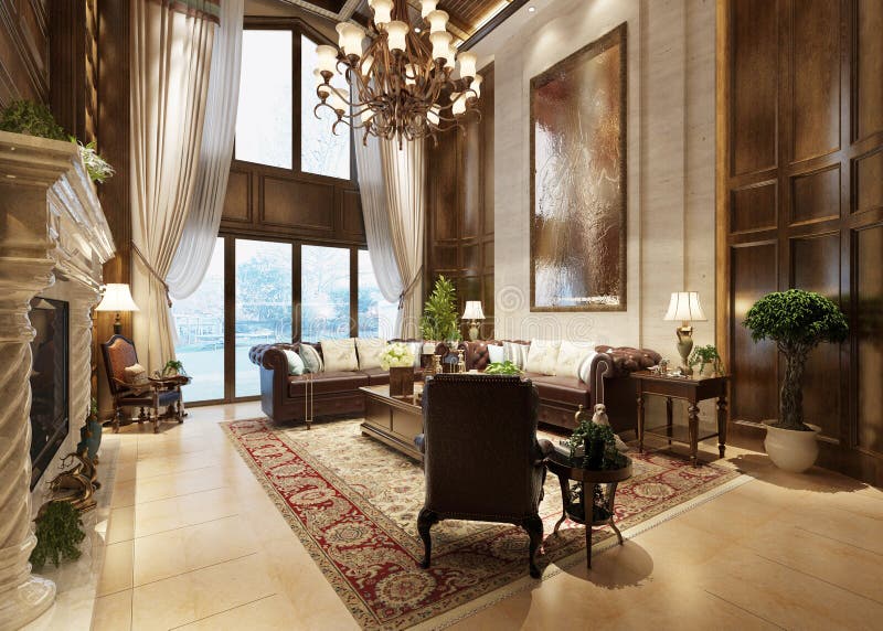 Living Room Interior in American Style 3D Illustration Stock ...