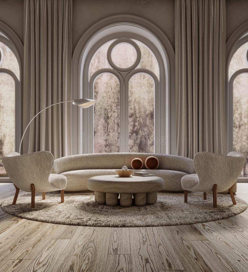 Living Room Interior with Arch Windows, 3d Render Stock Illustration ...