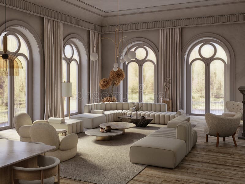 Living Room Interior with Arch Windows, 3d Render Stock Illustration ...