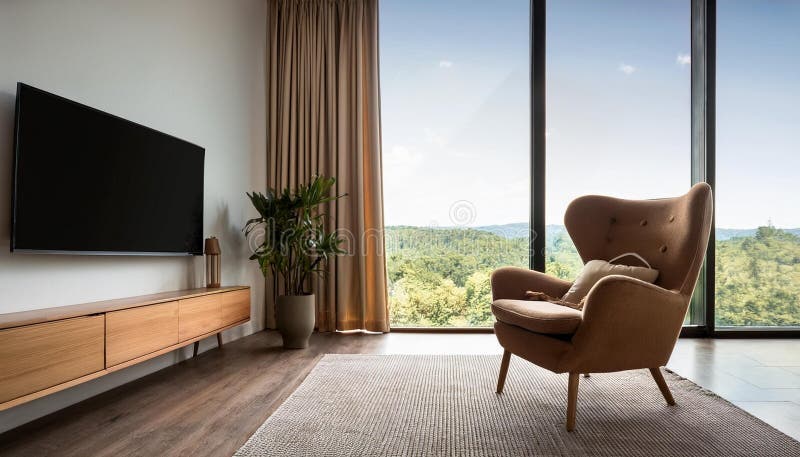 Living Room Interior Armchair and Tv Screen with Panoramic Window ...