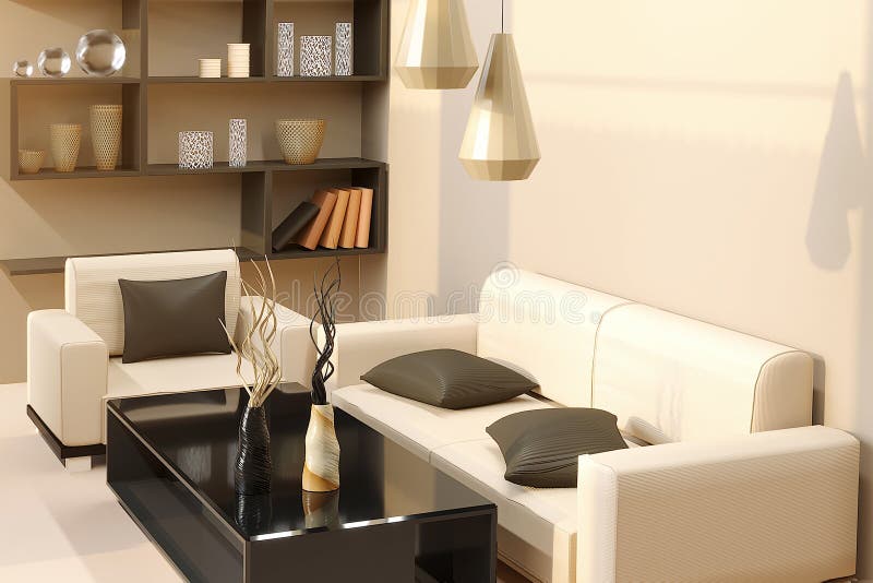 Living Room Interior in Beige Colors. 3d Render Illustration Stock ...
