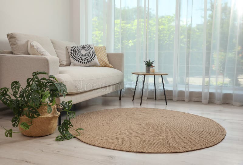 Living Room Interior with Comfortable Sofa and Stylish Round Rug Stock ...