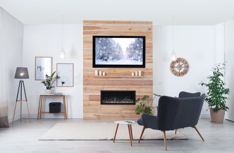 Living Room Interior with Decorative Fireplace and TV Set Stock Image ...