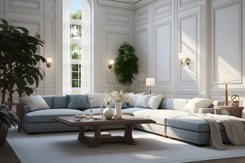 Living Room Interior Design, Luxury Blue Corner Sofa by Generative AI ...