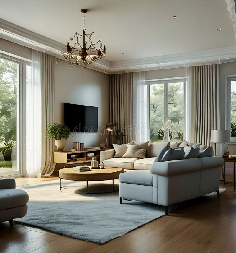 Living Room Interior Design with Sofa, Coffee Table and Bookshelf. 3d ...