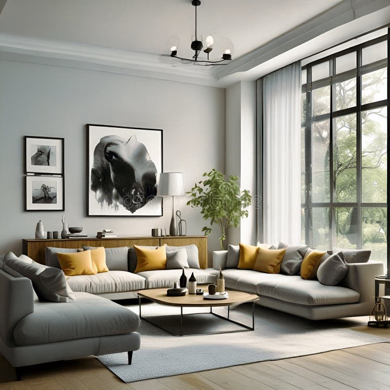 Living Room Interior Design with Sofa, Coffee Table and Bookshelf. 3d ...