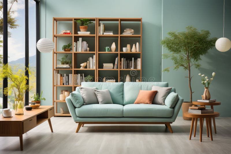 Living Room Interior with Double Light Cyan Color Sofa and Tea Table ...