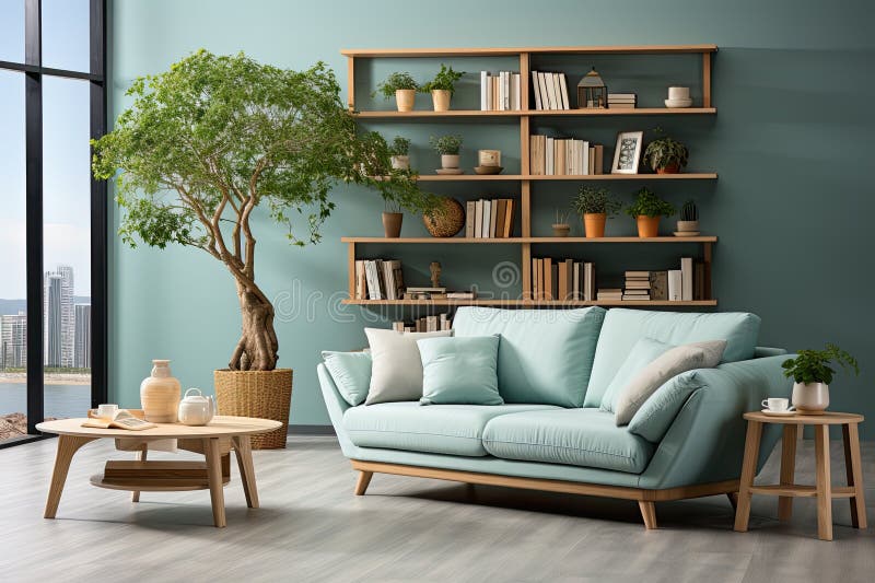 Living Room Interior with Double Light Cyan Color Sofa and Tea Table ...