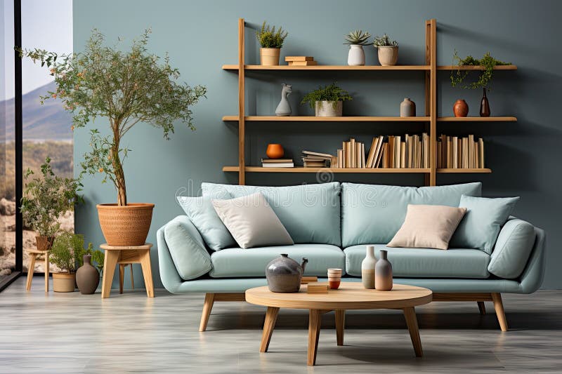 Living Room Interior with Double Light Cyan Color Sofa and Tea Table ...