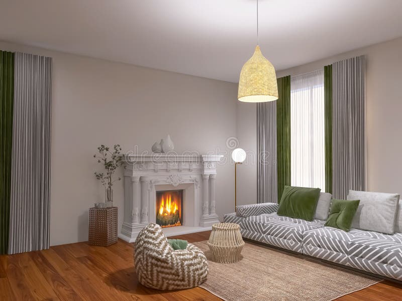 Living Room Interior with Fireplace, 3d Render, 3d Illustration Stock ...