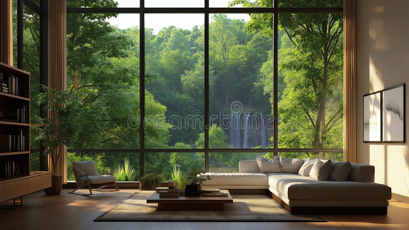 Living Room Interior with Large Window Stock Image - Image of space ...