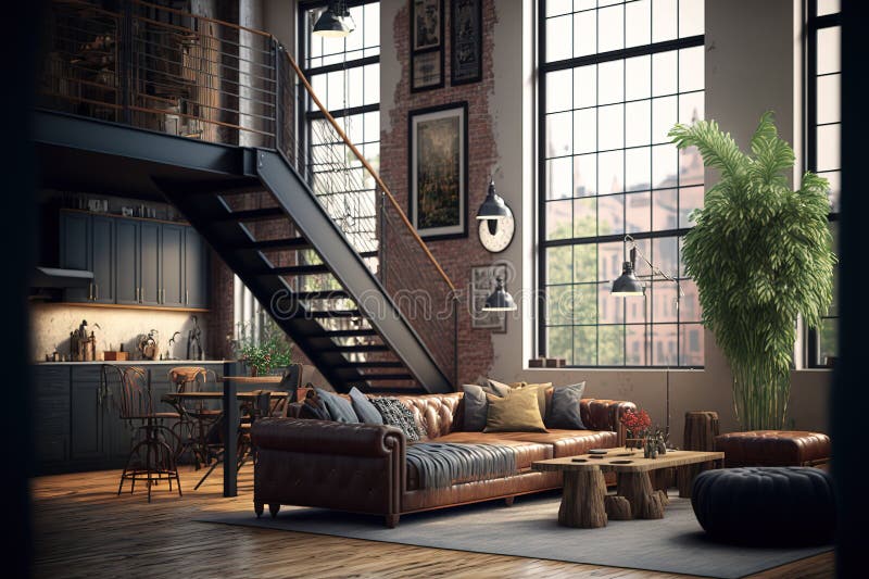 Living Room Interior in Loft, Industrial Style, 3d Render Stock ...
