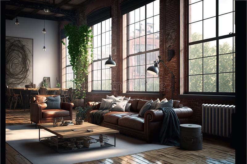 Living Room Interior in Loft, Industrial Style, 3d Render Stock ...