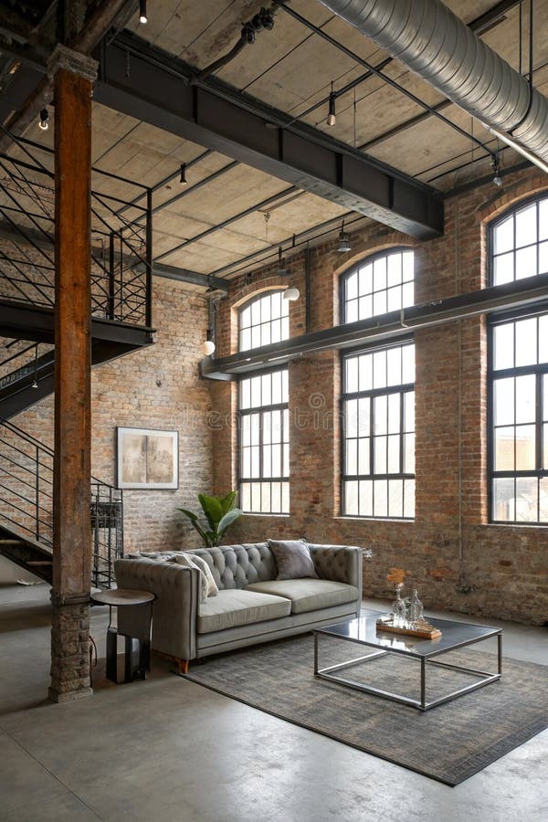 Living Room Interior in Loft Industrial Style 3D Render Stock Photo - Image of mockup ...