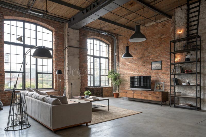 Living Room Interior in Loft Industrial Style 3D Render Stock Photo ...