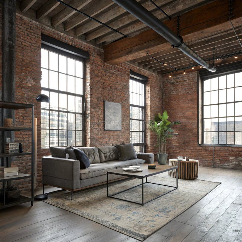 Living Room Interior in Loft Industrial Style 3D Render Stock Illustration - Illustration of ...