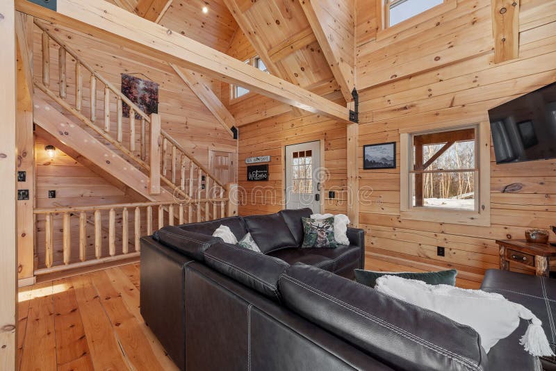 Living Room Interior of Log Cabin in Mountains Stock Photo - Image of ...