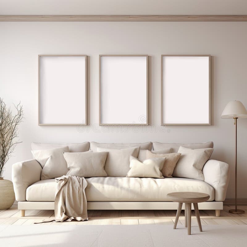 Living Room Interior Mockup in Beige Colors with Three Frames Stock ...