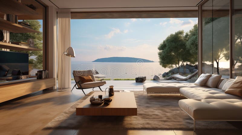 Interior with Large Window Sea View Stock Photo - Image of relaxation ...