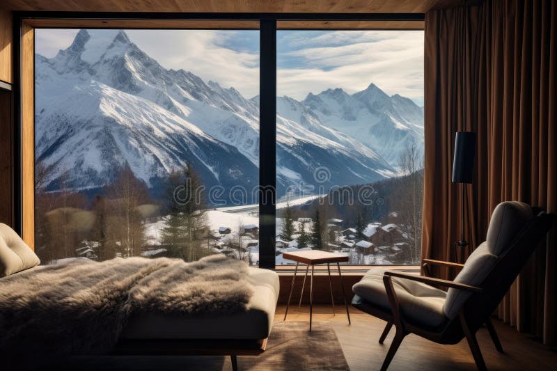 Living Room Interior with Panoramic Windows and Views of Snow-capped ...