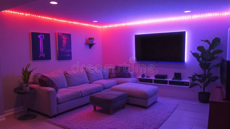 Living Room Interior with Pink and Blue LED Lighting Stock Illustration ...